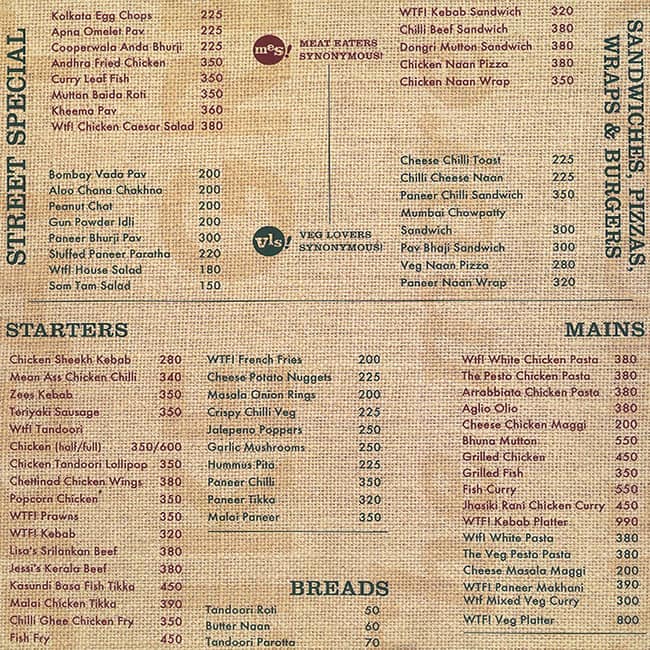 Menu at WTF!, Mumbai