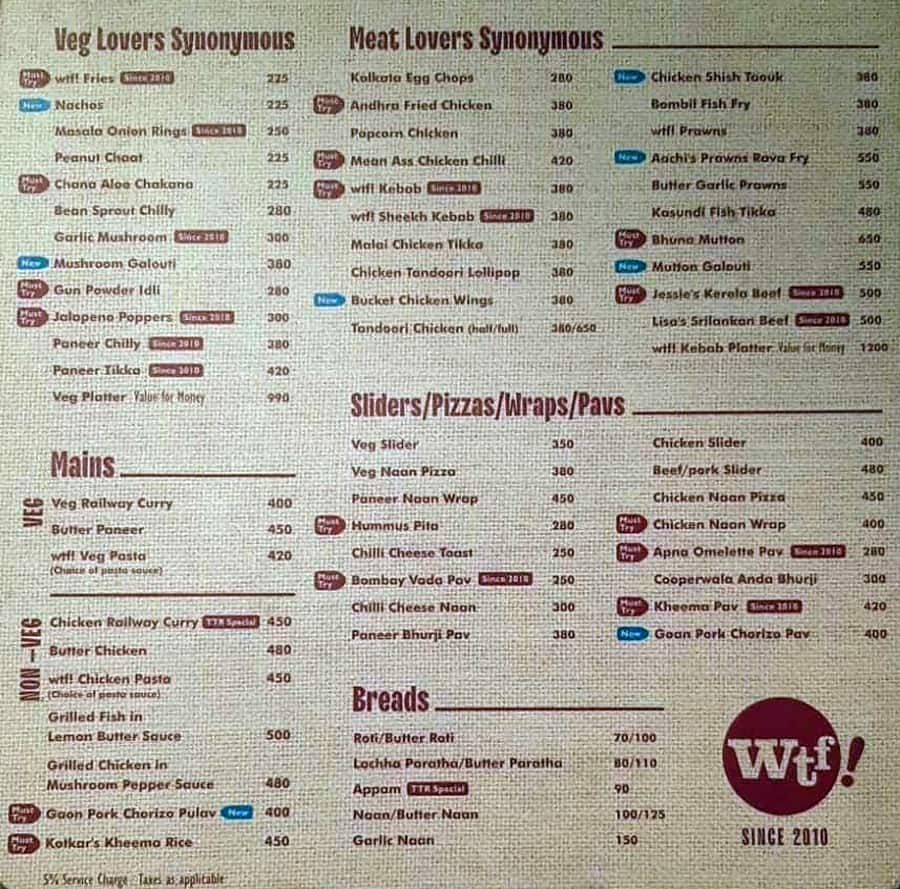 Menu of WTF!, 7 Bungalows, Andheri West, Mumbai