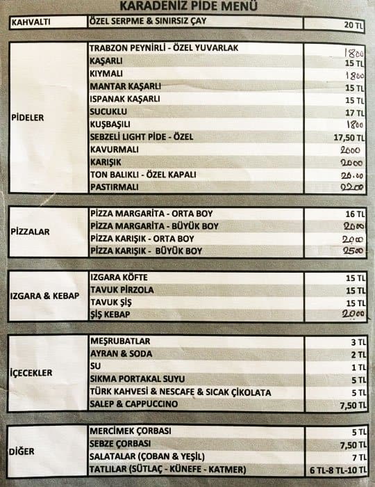 Menu at Karadeniz Pide, Şile, Üsküdar Cd. No:60/A