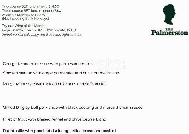 Menu at The Palmerston pub & bar, London, 91 Lordship Ln
