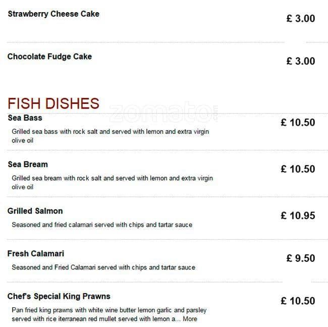 Menu at Zevi restaurant, Borehamwood