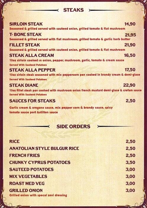 Menu at Zevi restaurant, Borehamwood