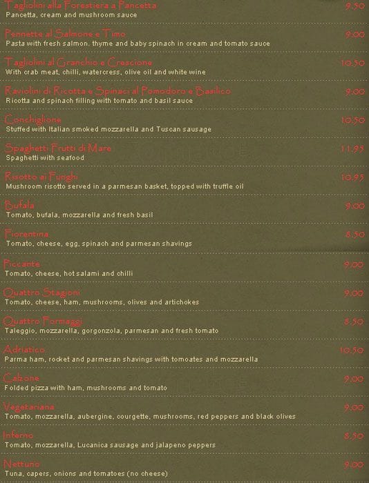 Menu at Osteria Adriatico restaurant, London