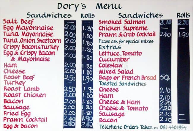 Menu at Dory’s Cafe, Barnet