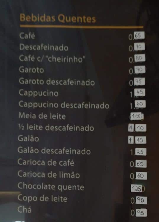Menu at Ritual Caffé cafeteria, Lisbon