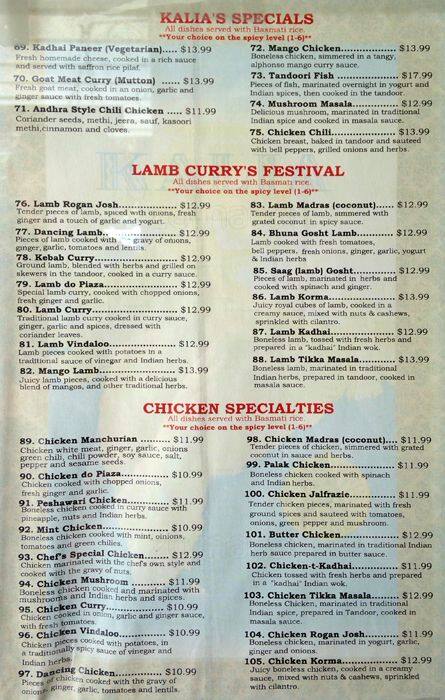 Menu at Kalia Indian Cuisine restaurant, Lynnwood, 200th St SW