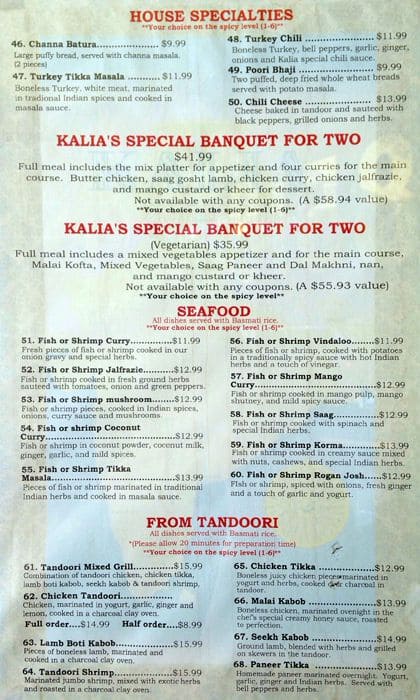Menu at Kalia Indian Cuisine restaurant, Lynnwood, 200th St SW