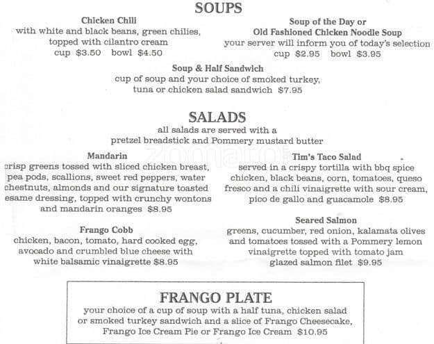 Menu at Frango Cafe, Chicago