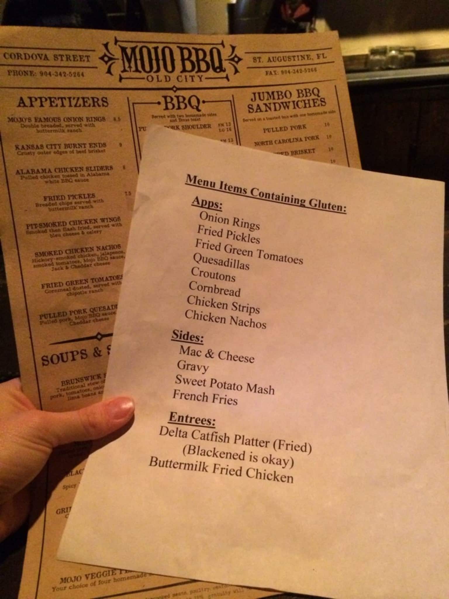 Menu at Mojo Old City BBQ, St. Augustine