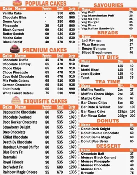 Menu of Ninety Degrees, Dadar East, Mumbai