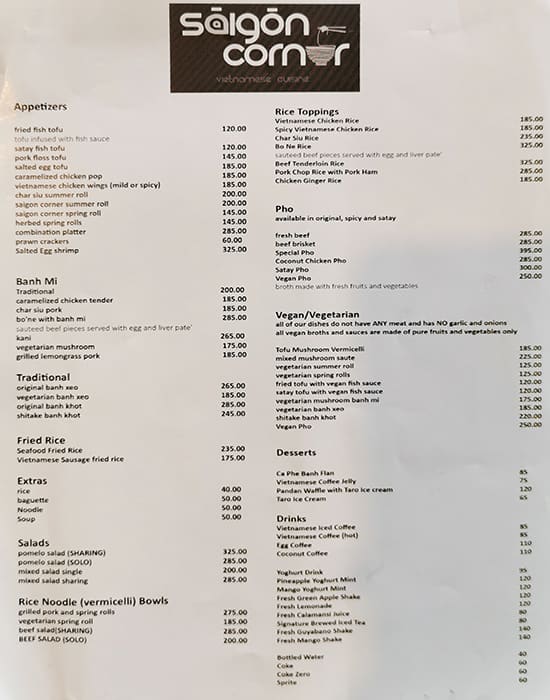 Menu at Saigon Corner restaurant, Quezon City