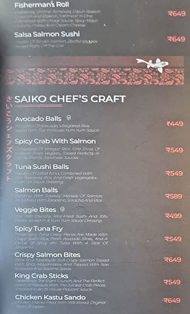 Menu of Saiko Sushi House, Mahadevapura, Bangalore