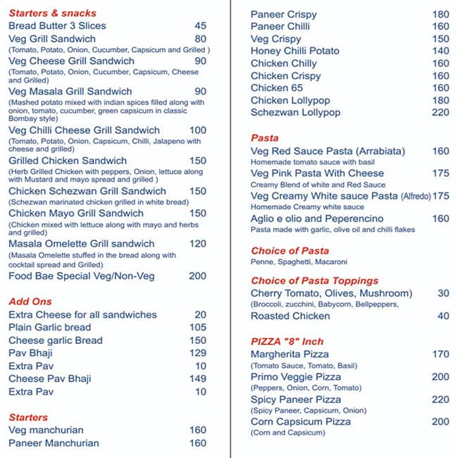 Menu at Food bae, Mumbai