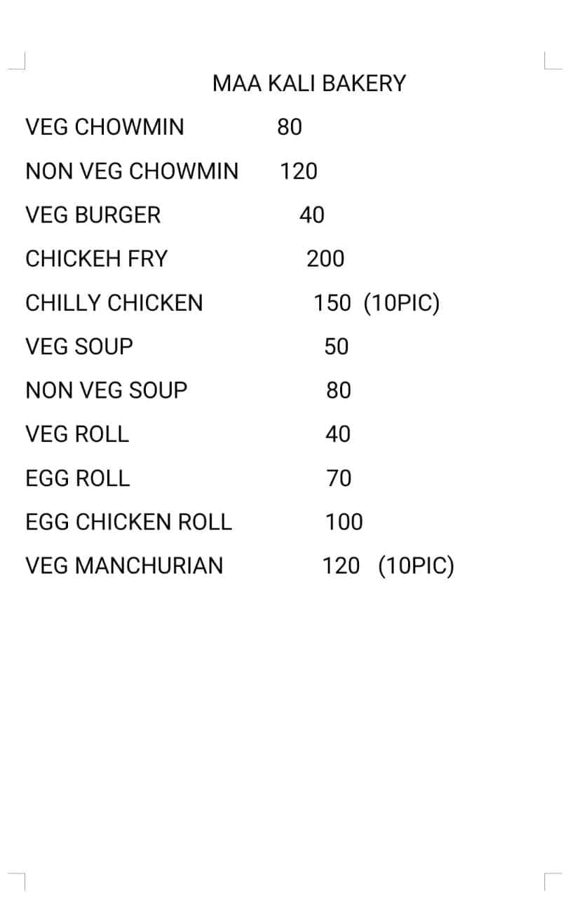 Menu at Maa Kali Bakery and Fast Food, Gabli Dar