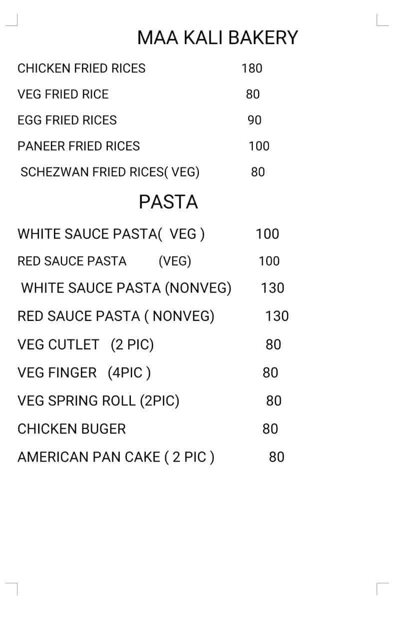 Menu at Maa Kali Bakery and Fast Food, Gabli Dar