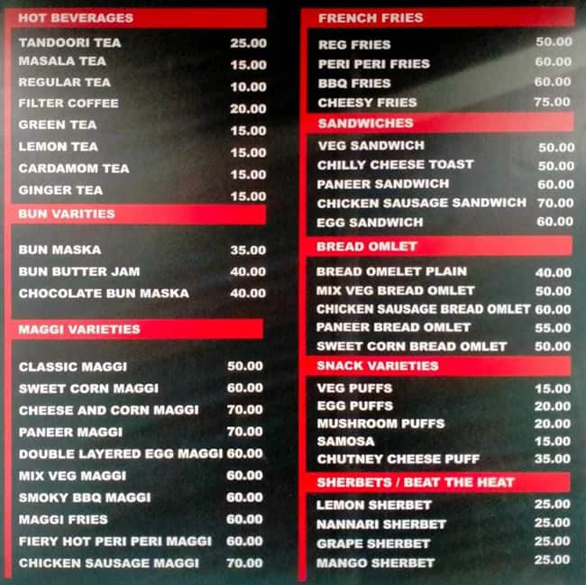 Menu of We Chai, Perambur, Chennai