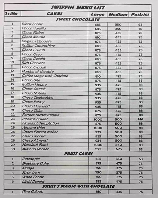 Menu of Swiffin, Vasai, Mumbai