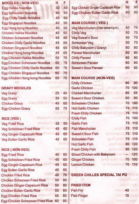 Menu at Green Chillies, Kolkata, 84/2, Chandi Ghosh Rd