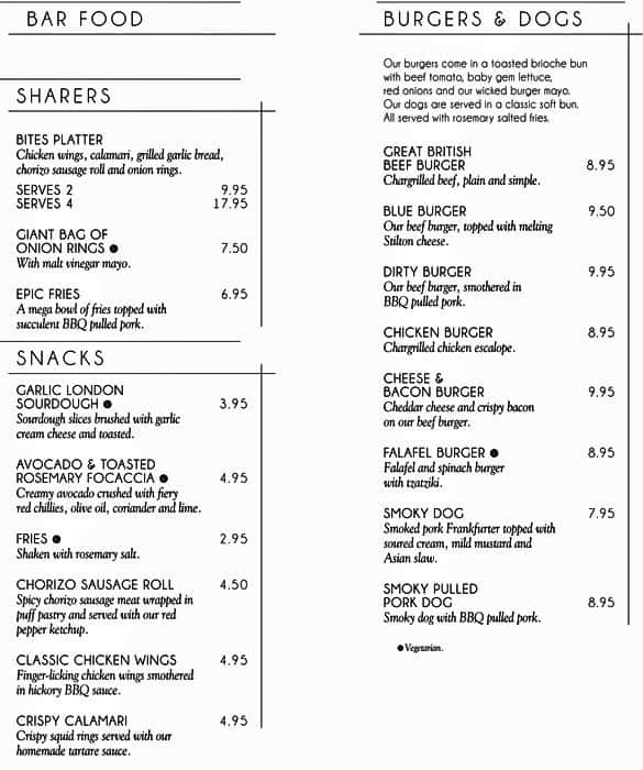 Menu at Piccadilly Institute pub & bar, London, The London Pavillion