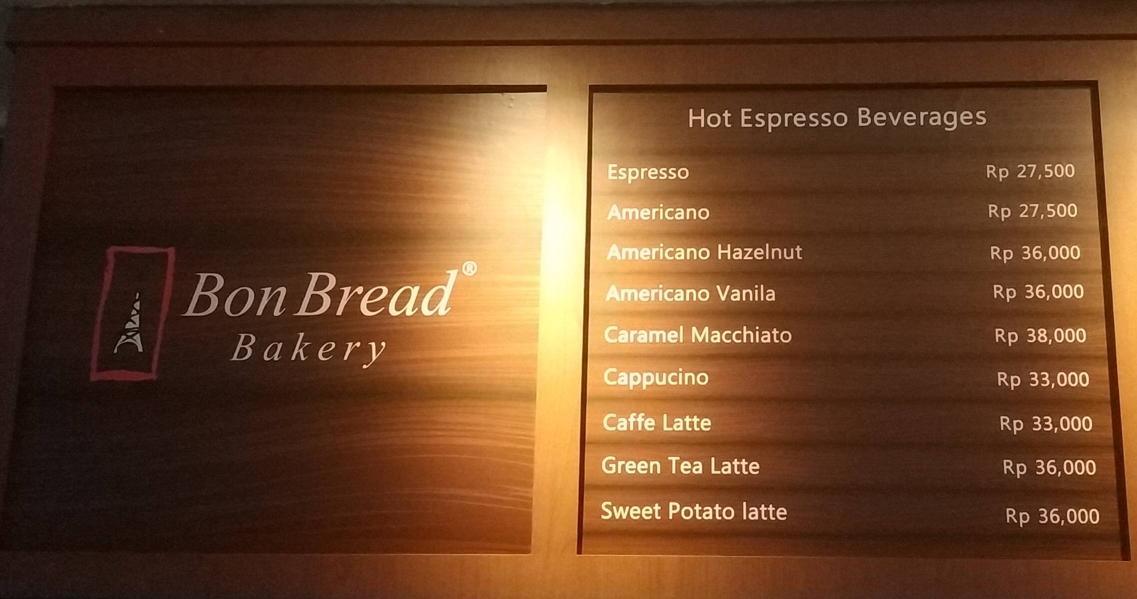 Menu at Bon Bread cafe, South Jakarta