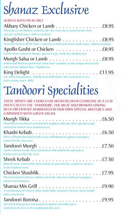 Menu at Shanaz fast food, Edinburgh, 45 Raeburn Pl
