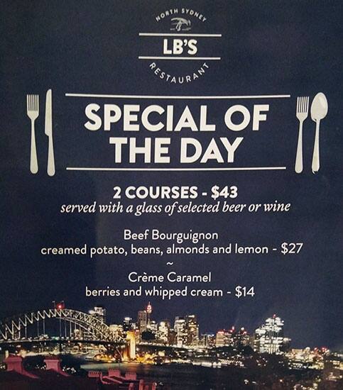 Menu at LB's restaurant, North Sydney