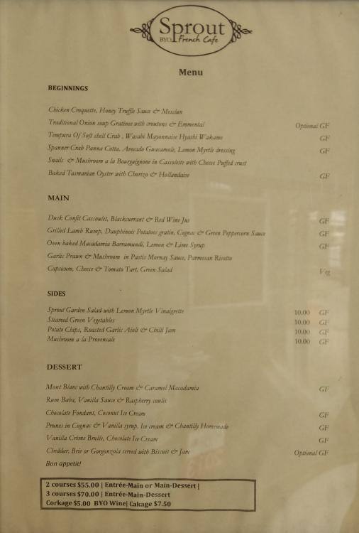 Menu at Sprout Byo French Cafe, Auchenflower