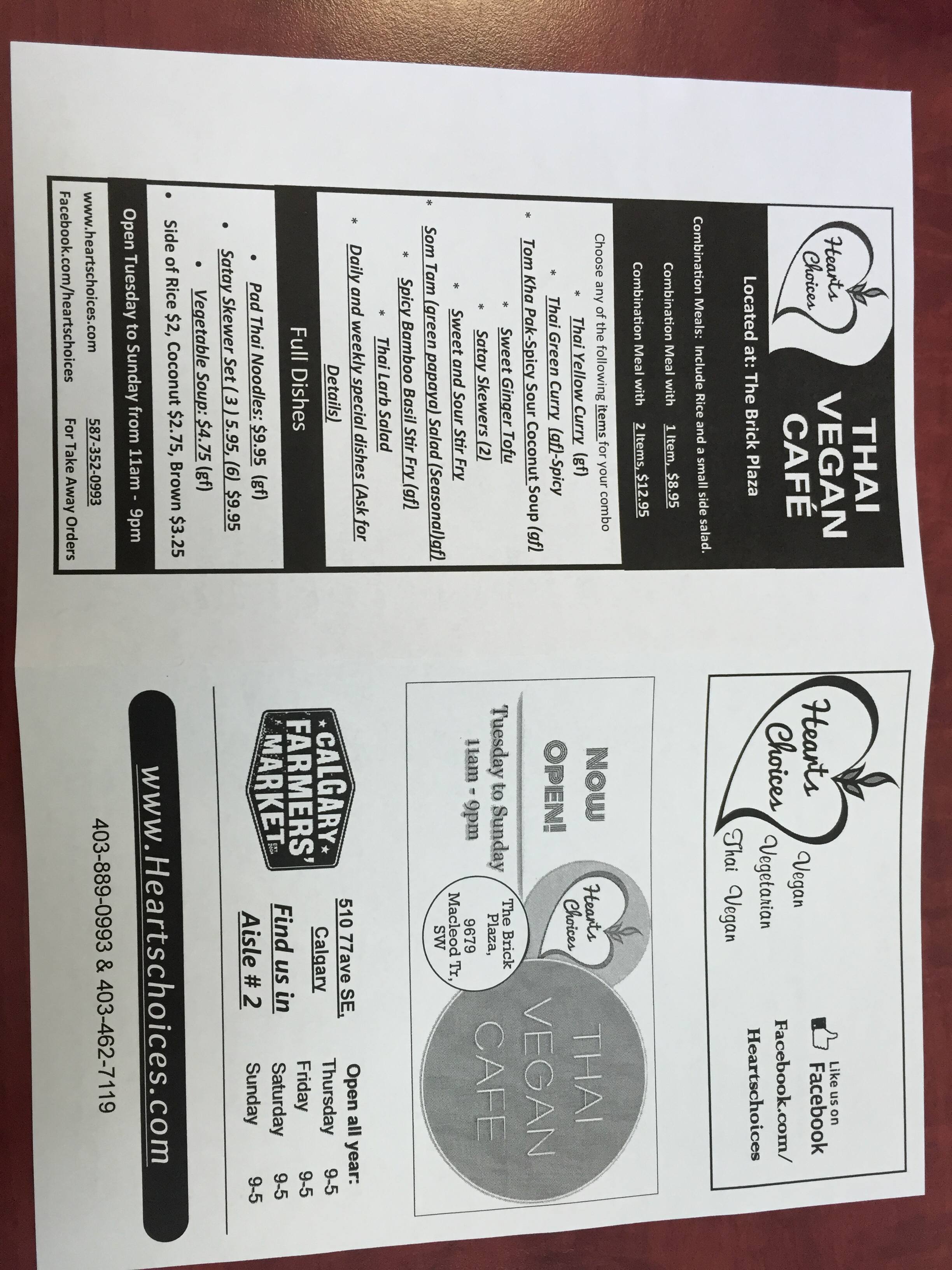 Menu at Hearts Choices Thai Vegan Cafe, Calgary, 9679 Macleod Trail SW