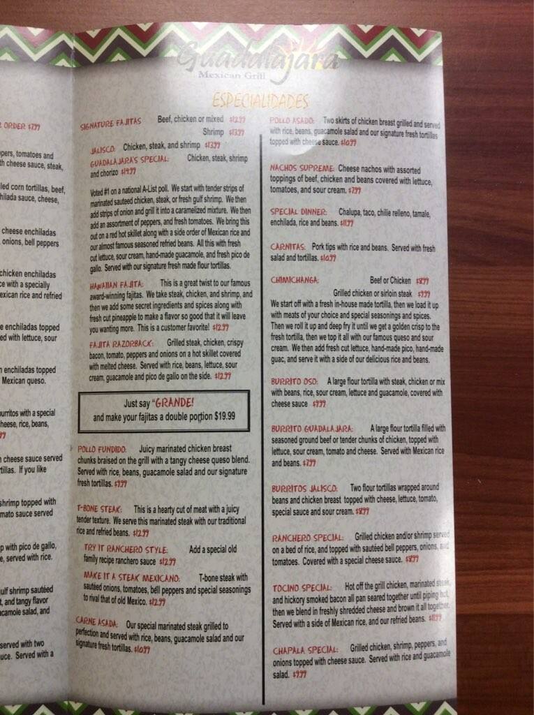 Menu at Guadalajara restaurant, Cabot