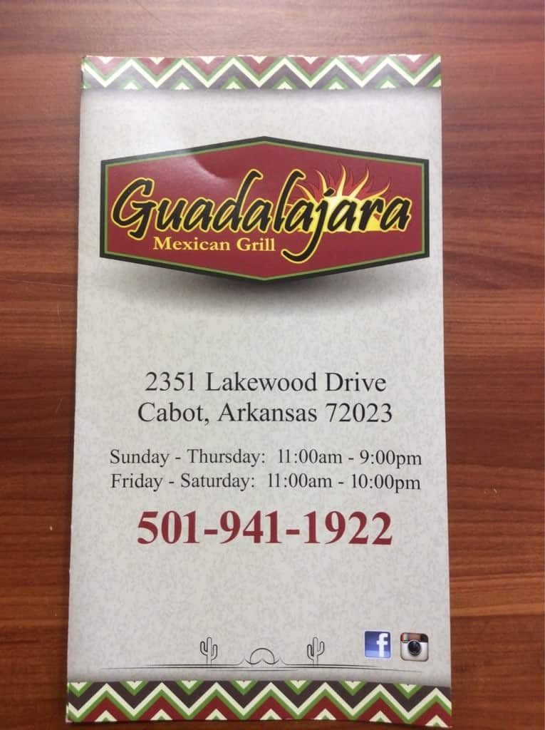 Menu at Guadalajara restaurant, Cabot