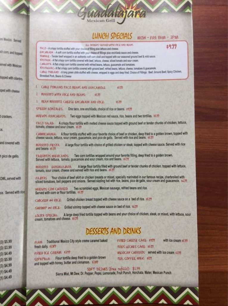 Menu at Guadalajara restaurant, Cabot