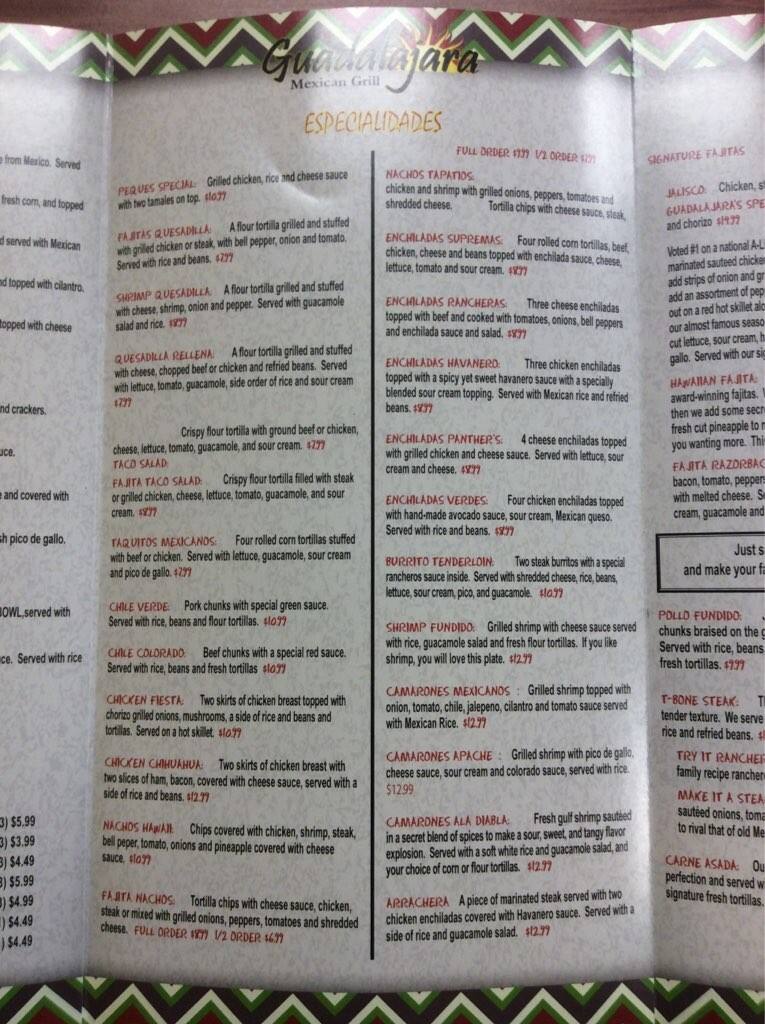Menu at Guadalajara restaurant, Cabot