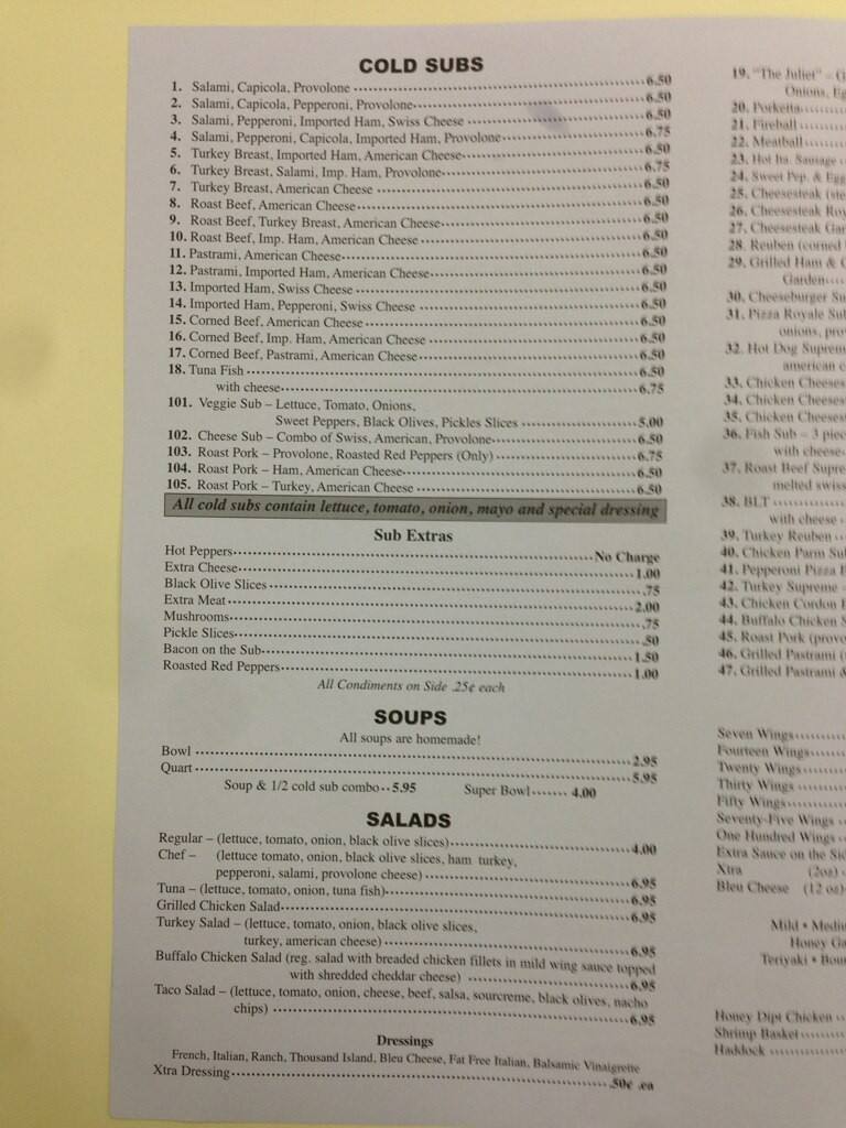 Menu at Romeo's Italian Submarines restaurant, Berwick