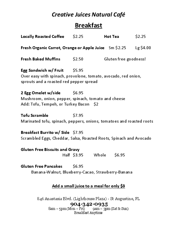 Menu at Creative Juices Natural Cafe, St. Augustine, 846 Anastasia Blvd
