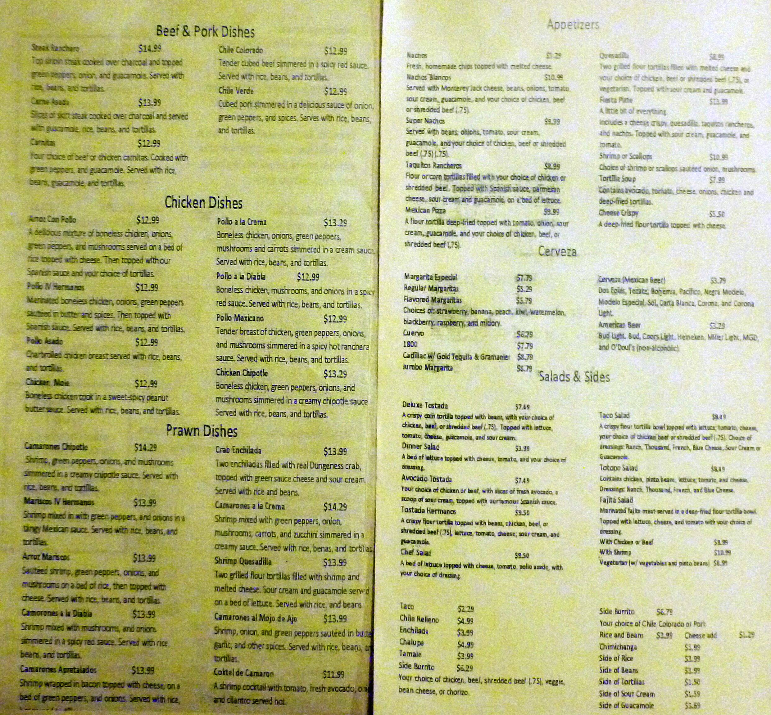 Menu at Los IV Hermanos restaurant, Ocean Shores