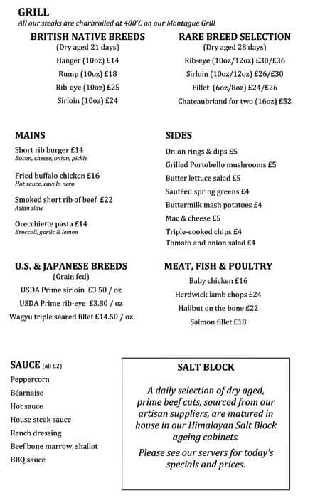 Menu at Maze Grill steakhouse, London, 11 Park Walk Chelsea