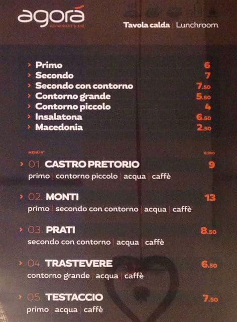 Menu at Agorà pub & bar, Rome