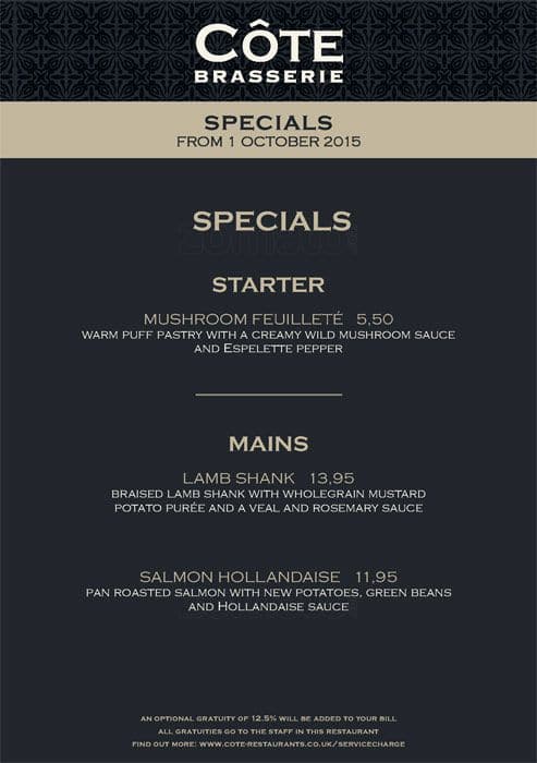 Menu at Cote - Barbican, London, 57 Whitecross St