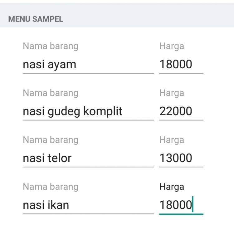 Menu at Nasi Rames Bunda restaurant, Jakarta