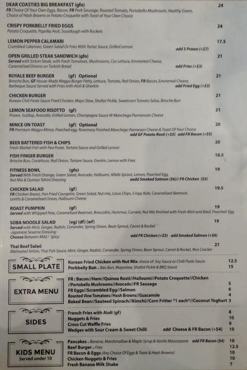 Menu at Dear Coasties cafe, Orewa