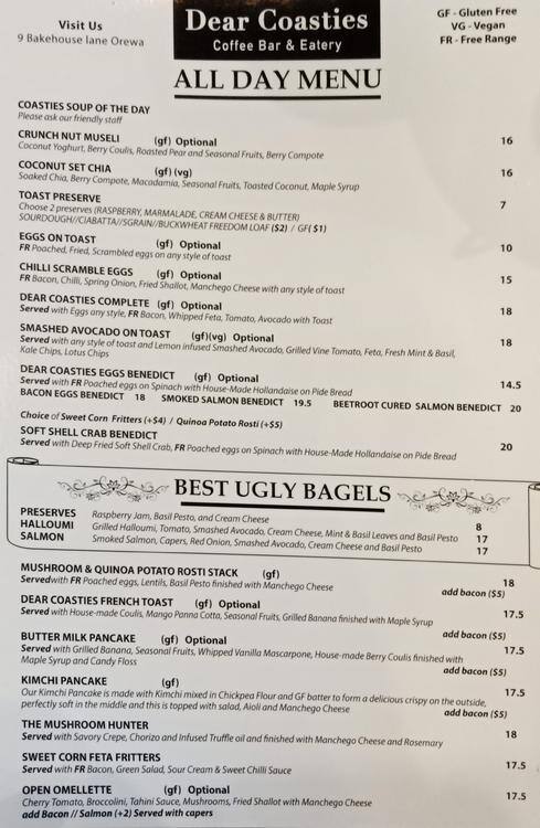 Menu at Dear Coasties cafe, Orewa