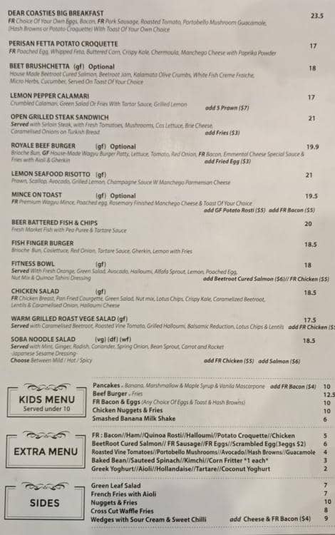 Menu at Dear Coasties cafe, Orewa
