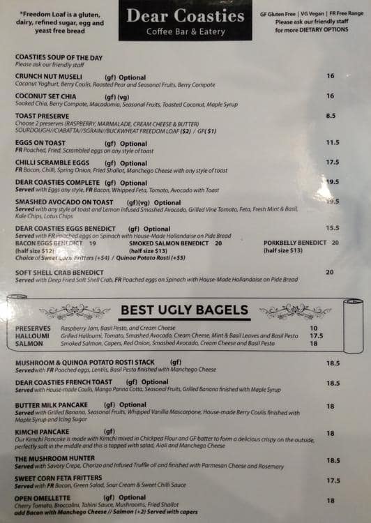 Menu at Dear Coasties cafe, Orewa