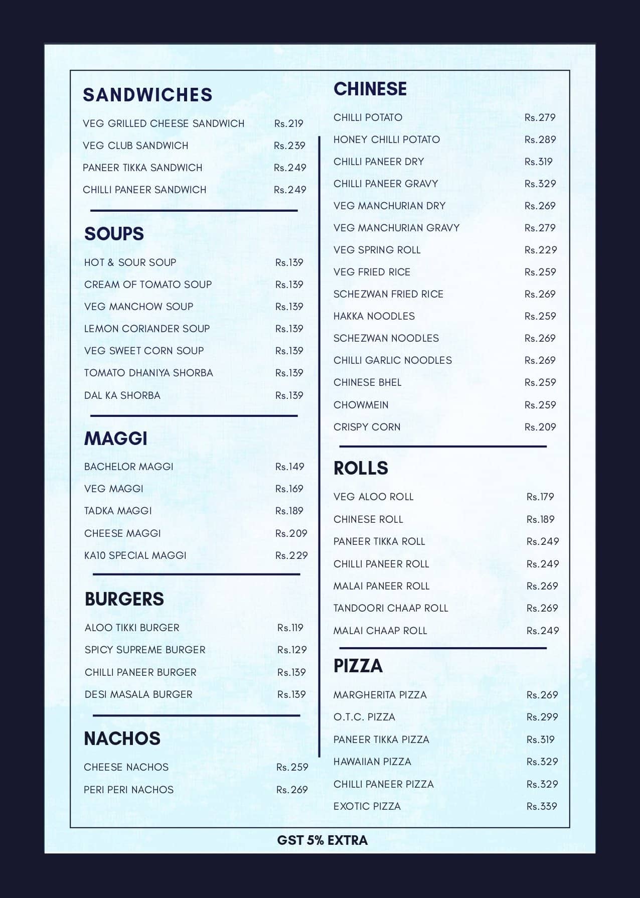 Menu of KA10 Kitchen, Raja Park, Jaipur