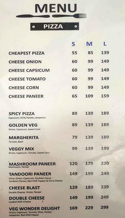 Menu of Pizzeria, NIT, Faridabad