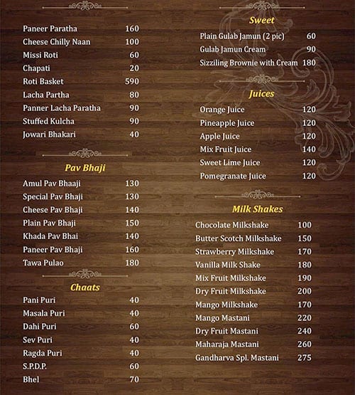 Menu at Hotel Gandharva Pure Veg, Pune, 58/ 2/ 2/ 2