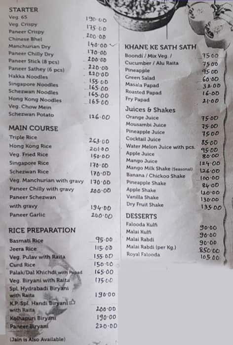 Menu of Kailash Parbat, Colaba, Mumbai