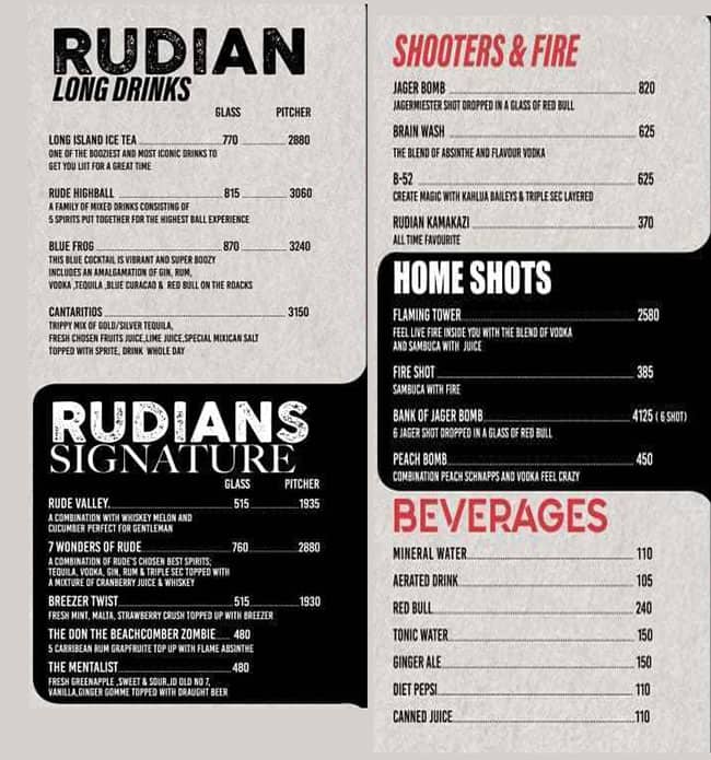Menu of Rude Lounge, Malad West, Mumbai