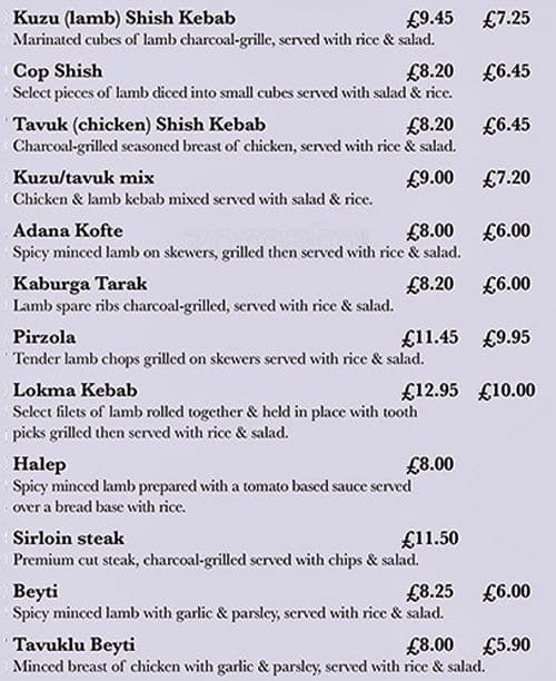 Menu at Ottoman restaurant, London, 193 Fulham Palace Rd