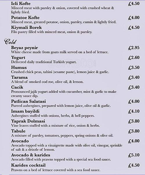 Menu at Ottoman restaurant, London, 193 Fulham Palace Rd